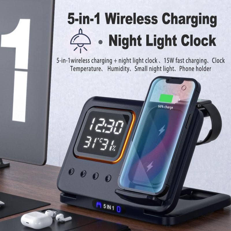 15W Wireless Chargers Stand 5 In1 LED Digital Alarm Clock Fast Charging Dock Station - avani